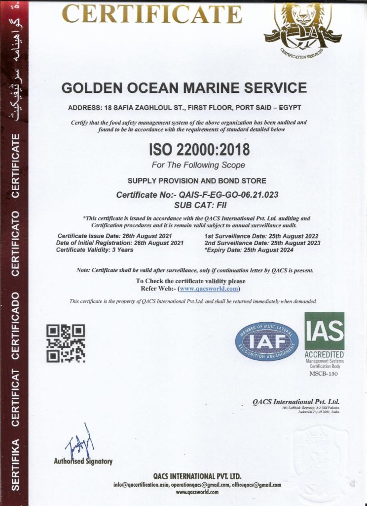 ISO 22000 Certificate – Golden Ocean